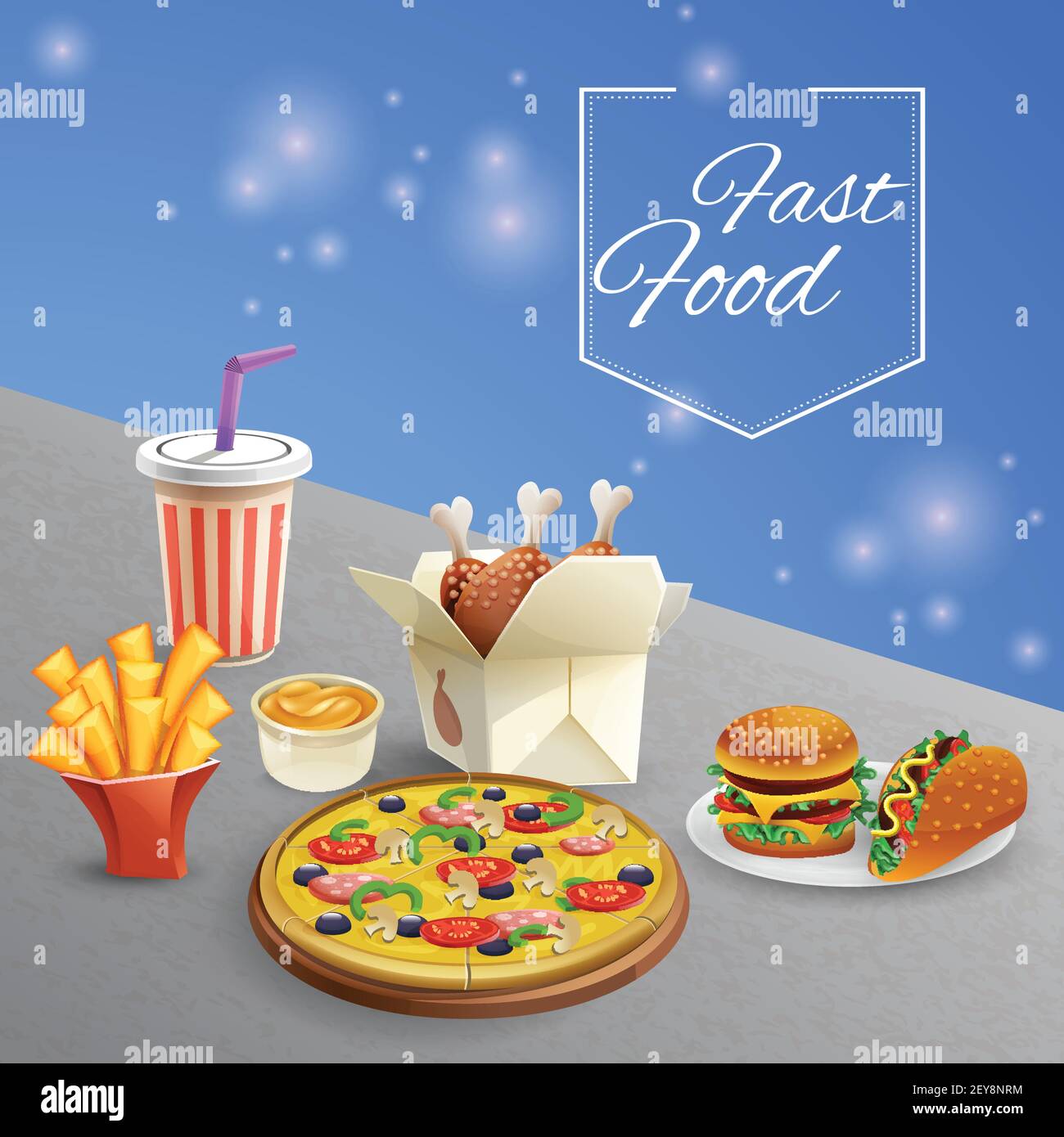 Plates with various fast food sauce and drink on grey table cartoon ...