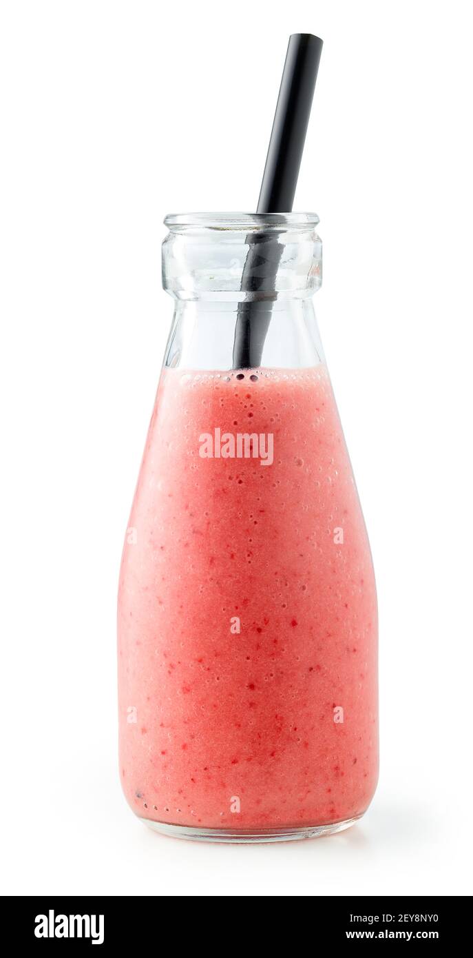 small bottle of banana, pineapple juice and strawberry smoothie with ...