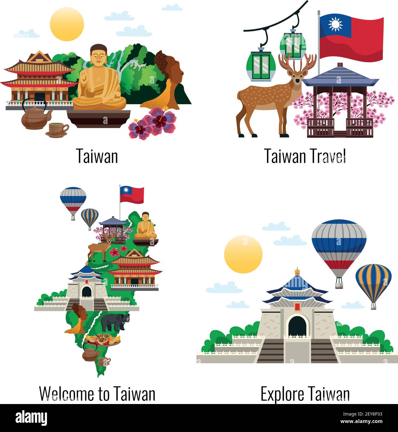 Taiwan travel 4 flat compositions with culture sightseeing landmarks ...