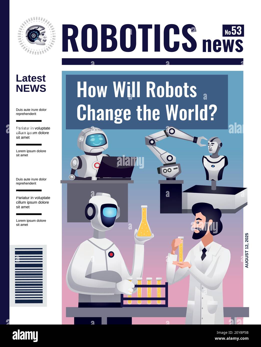 Robotics news magazine cover flat design with controlled automation and ...