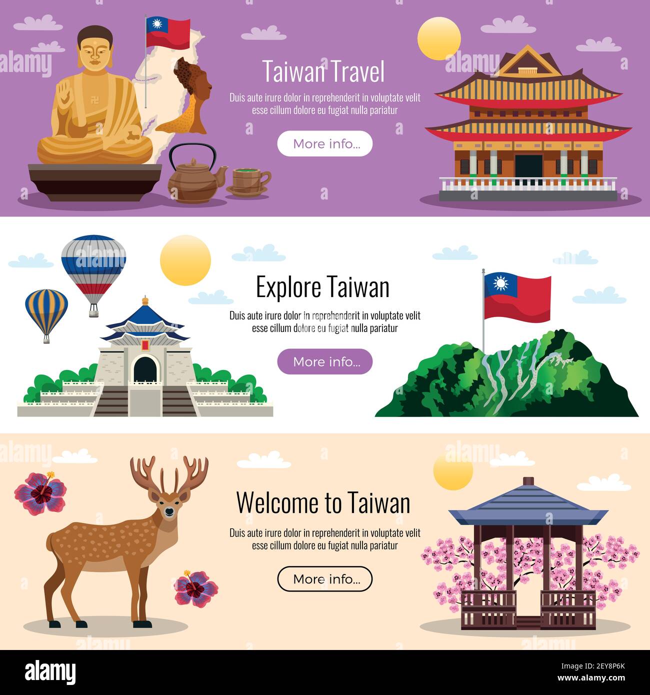 Taiwan travel 3 flat horizontal website banners with buttons for ...