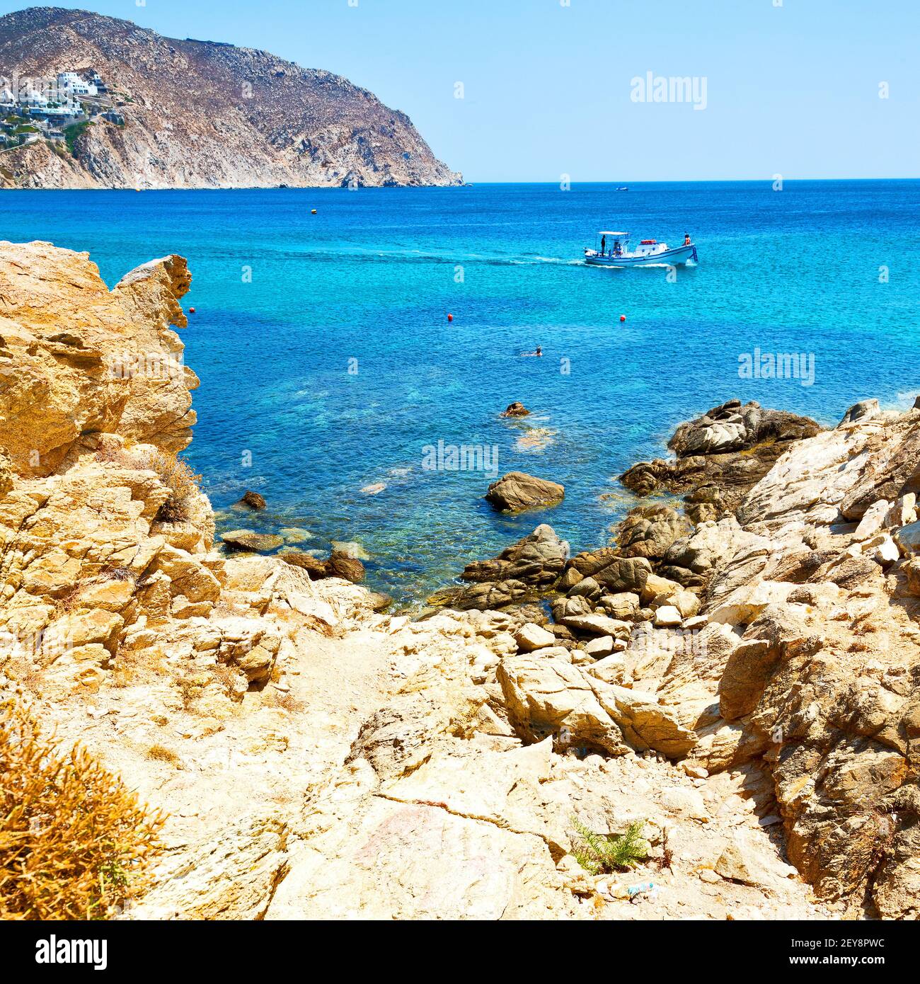 In europe greece the mykonos island rock sea and beach blue sky Stock ...