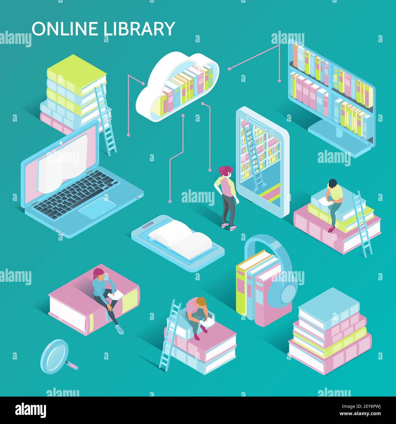 Online library concept isometric symbols set with electronic books ...