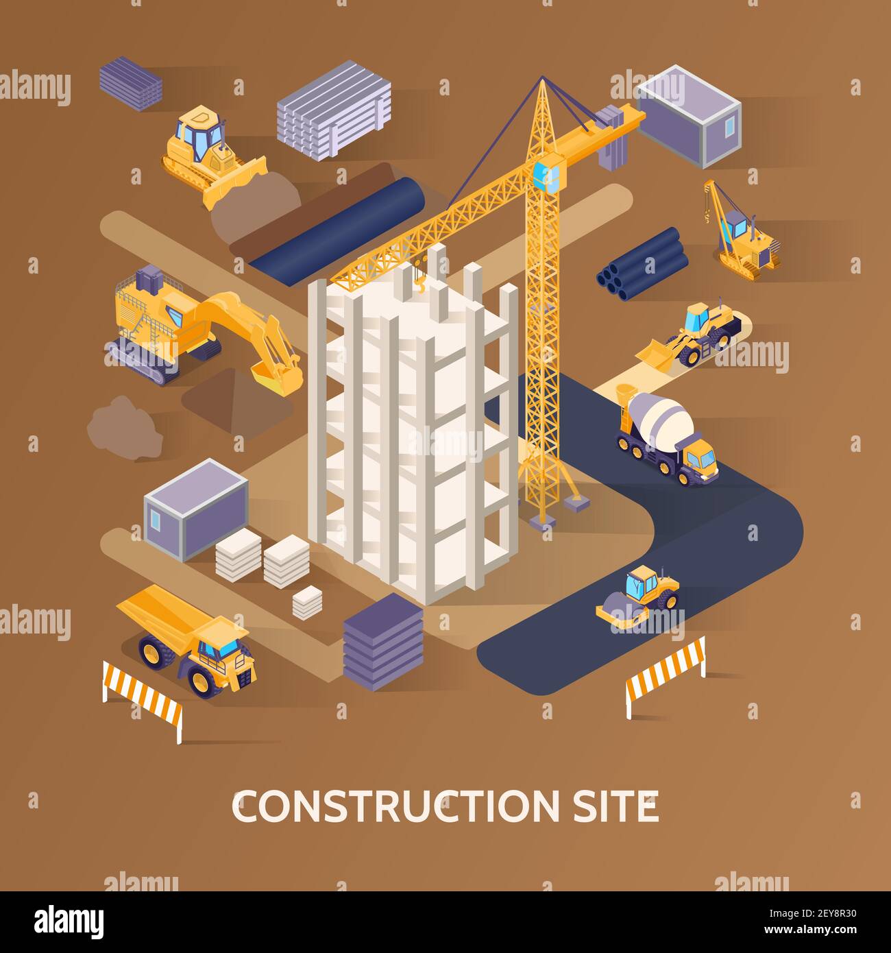 Construction building site material and machinery isometric concept on ...