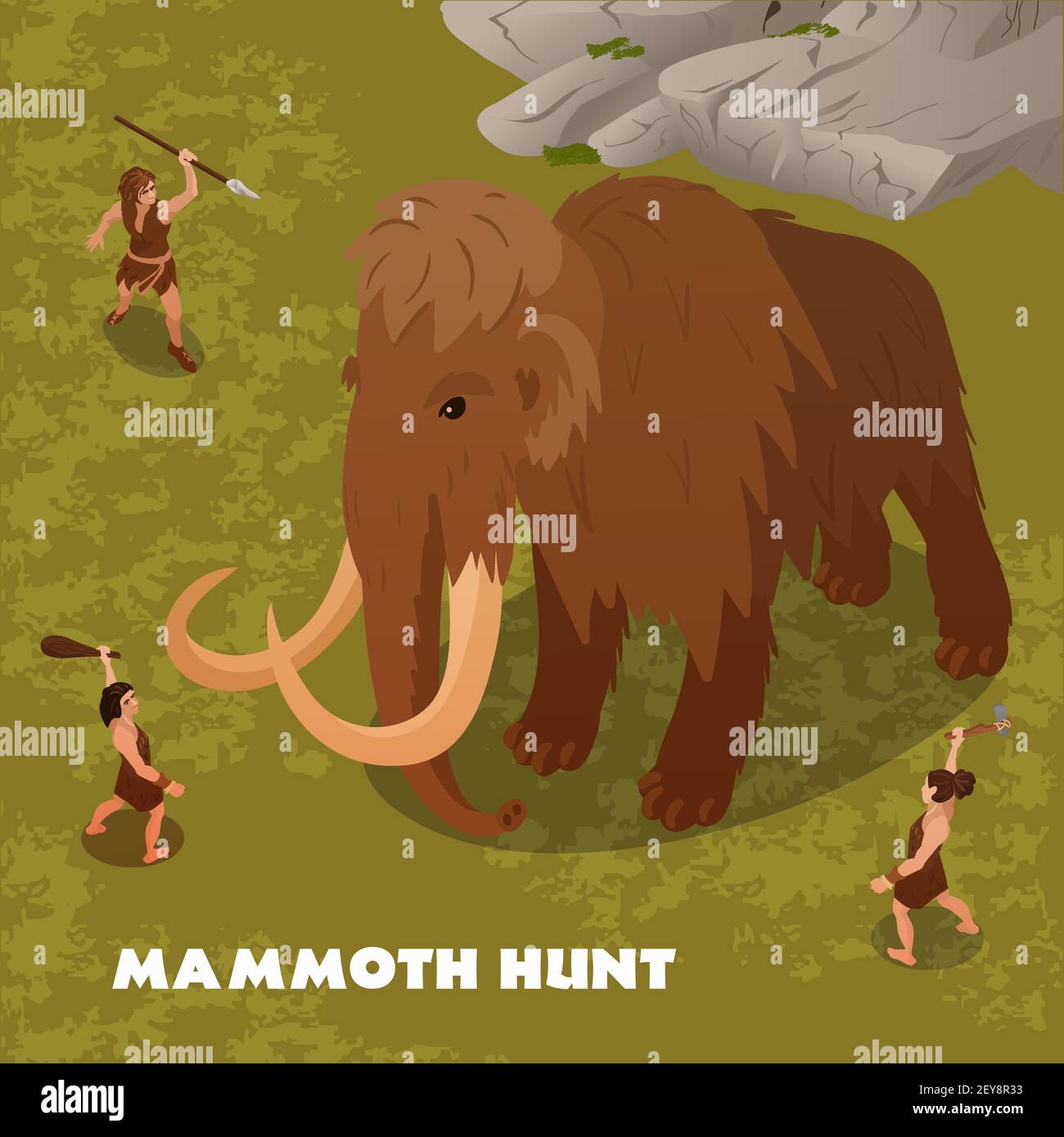 Three primitive people hunting mammoth 3d isometric vector illustration ...