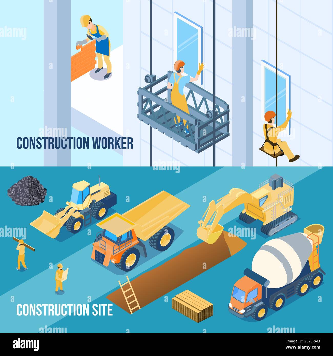 Construction building site and workers isometric horizontal banners set ...