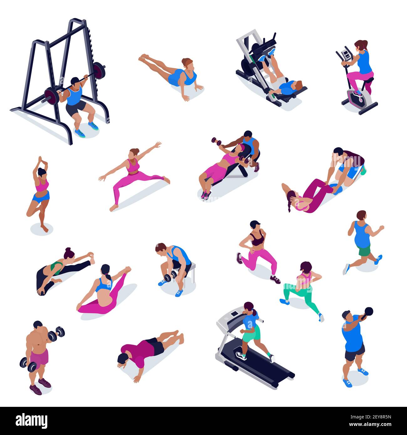 People doing fitness and yoga in gym isometric set isolated in white ...