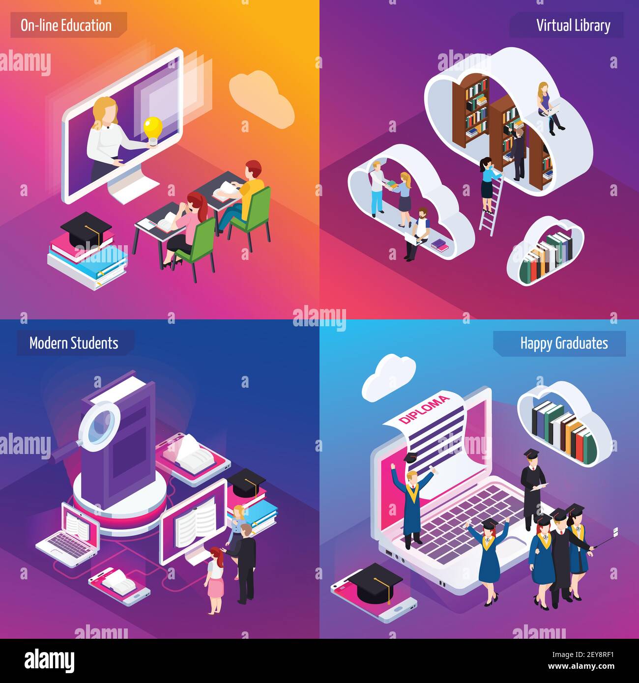 Distance education 4 glow isometric compositions set with e-learning ...