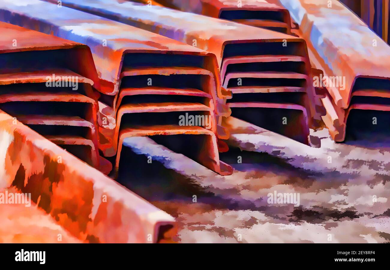 Stacks of prefabricated, rusty, metal piles wait to be driven into the ...