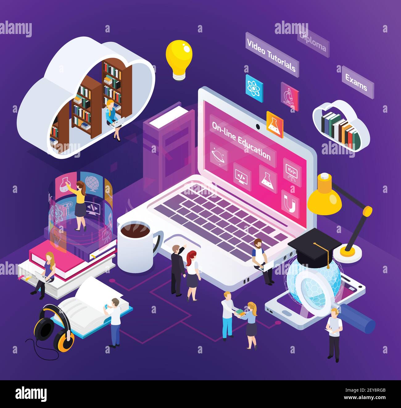 E-learning distance education bright glow isometric composition with ...