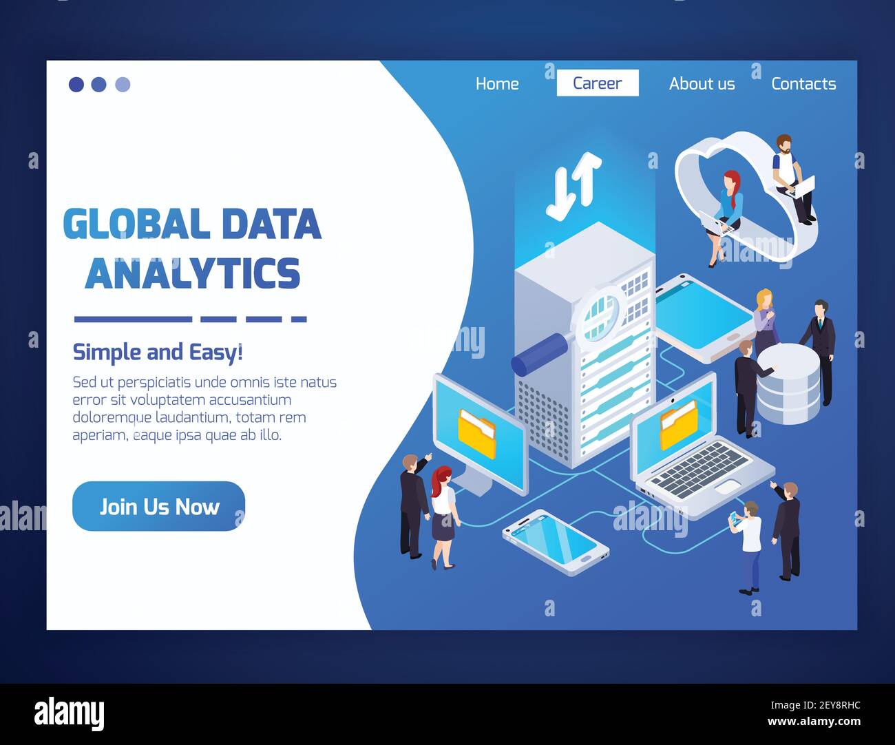 Global data analytics professionals home page glow isometric website design with cloud wireless ...
