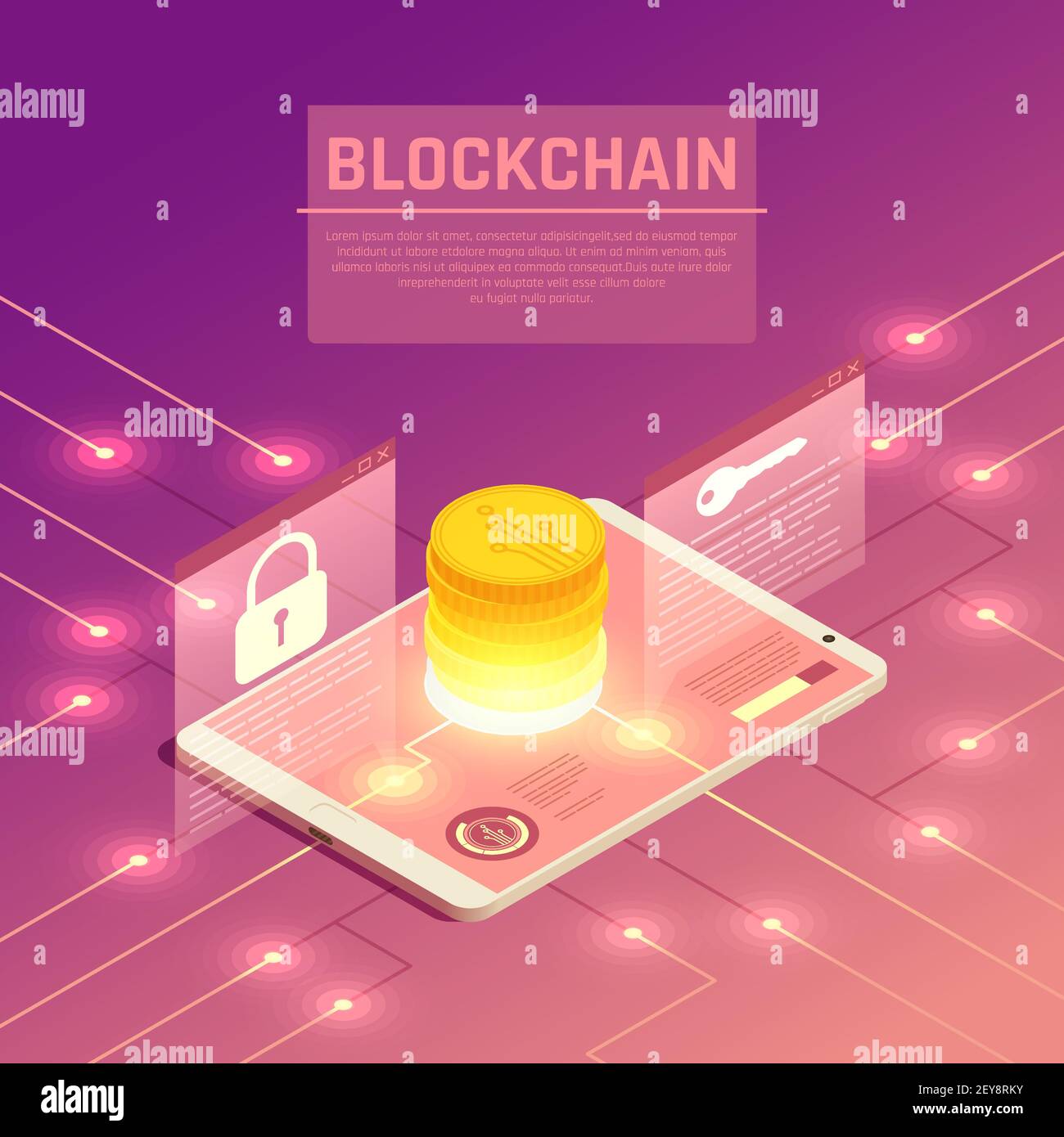 Blockchain cryptocurrency isometric composition with wired electrodes ...