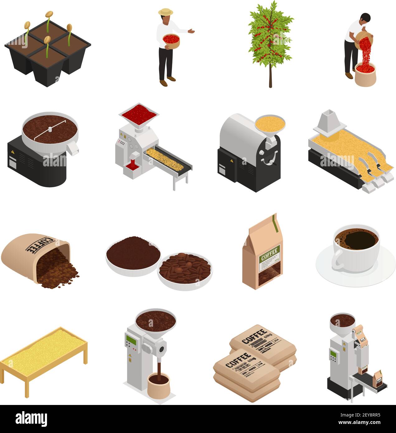 Coffee industry production isometric icons set with isolated images of ...