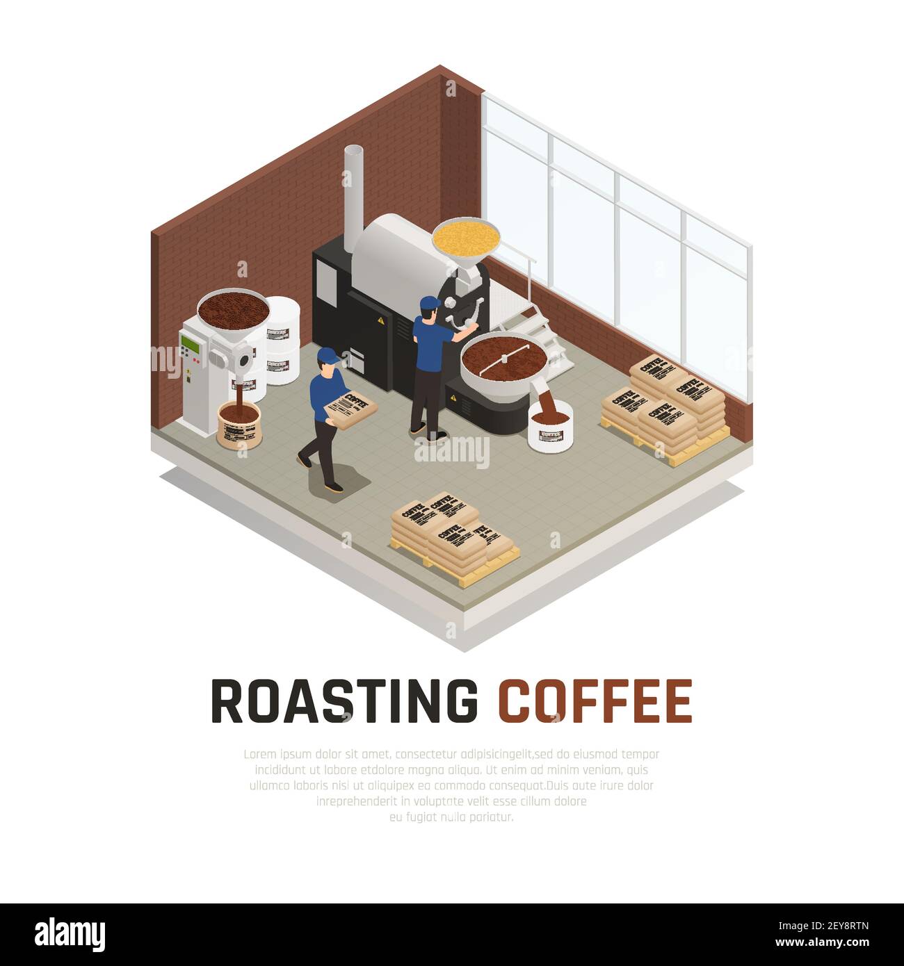 Coffee industry production isometric composition with editable text and ...