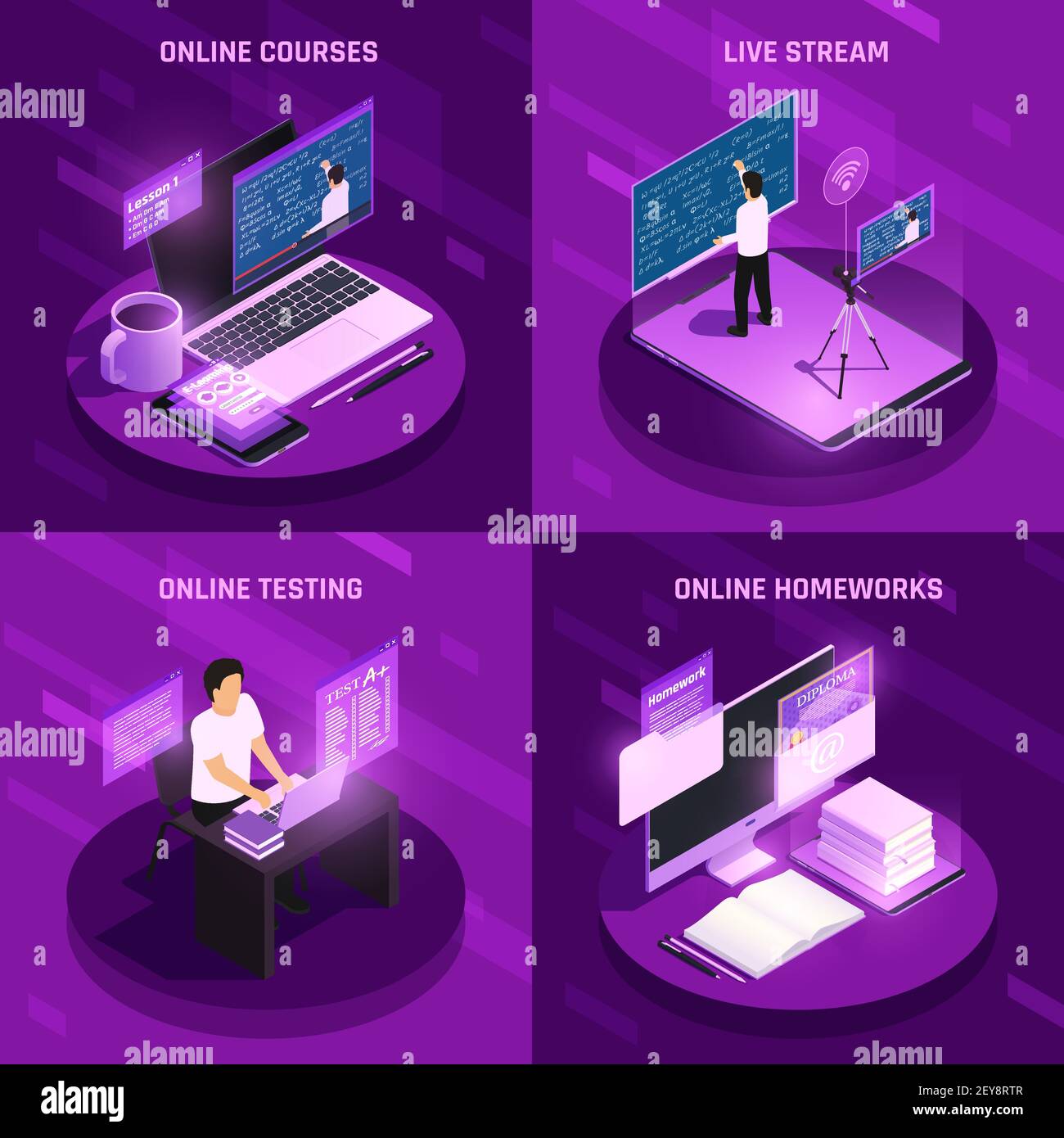 Online education glow isometric 2x2 design concept with futuristic ...