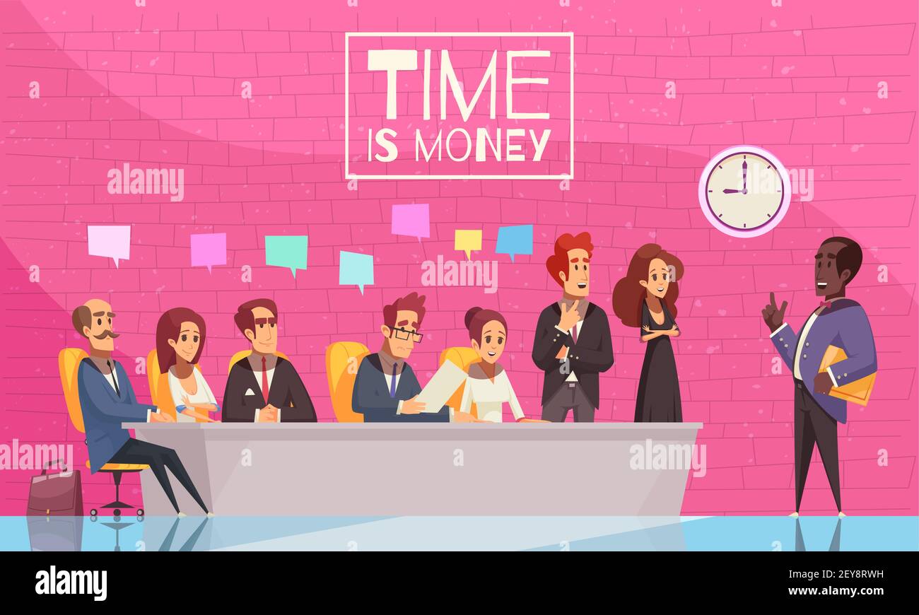 Time is money poster with team of creative business people listening to ...