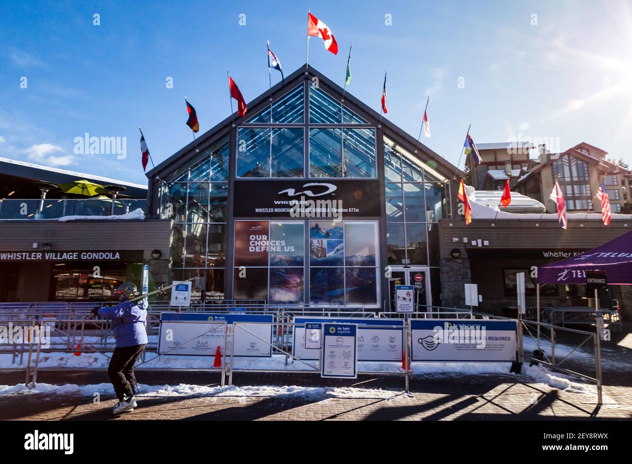 WHISTLER, BC, CANADA - FEB 28, 2021: Covid 19 health advisory signs in ...