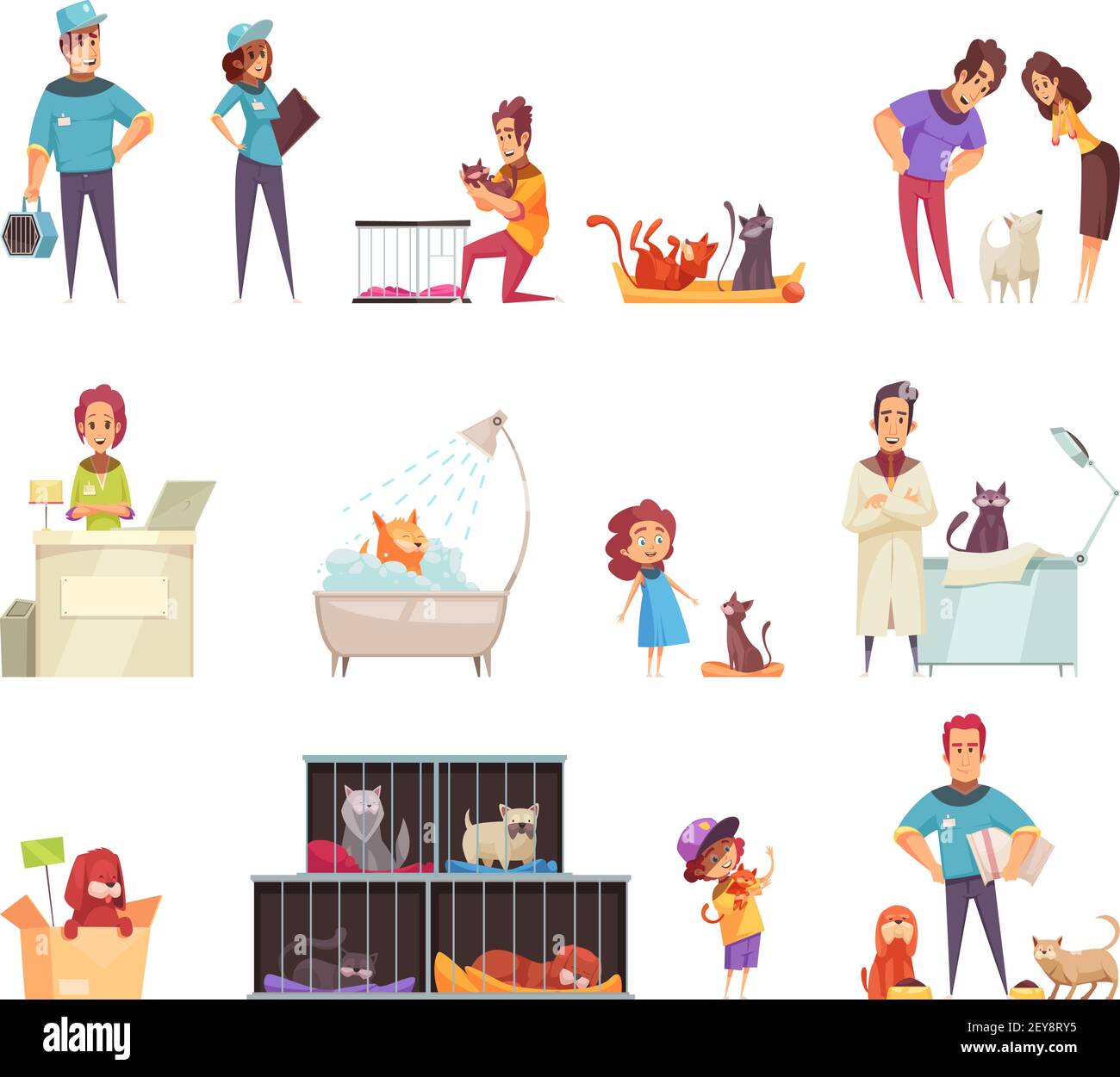 Homeless pets decorative icons set with people caring for animals at ...