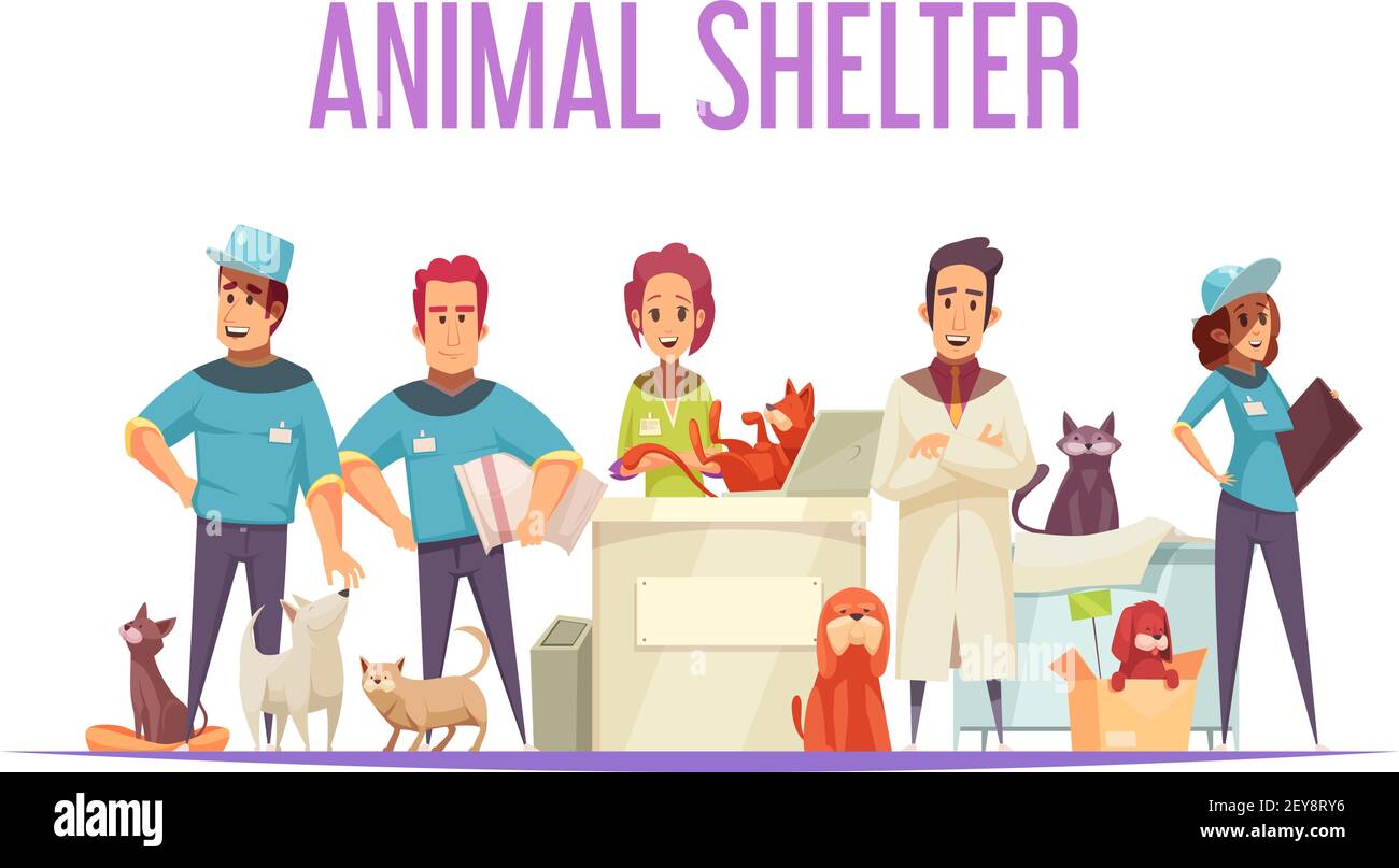 Animal shelter design concept with volunteers veterinarians domestic ...