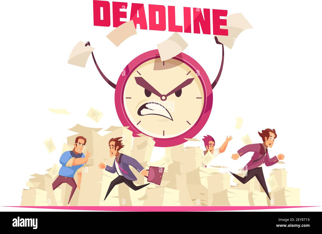 Deadline vector illustration with flying paper sheets people running to ...