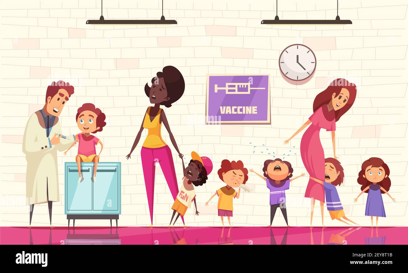 Kids vaccination vector illustration with pediatrician holding syringe ...