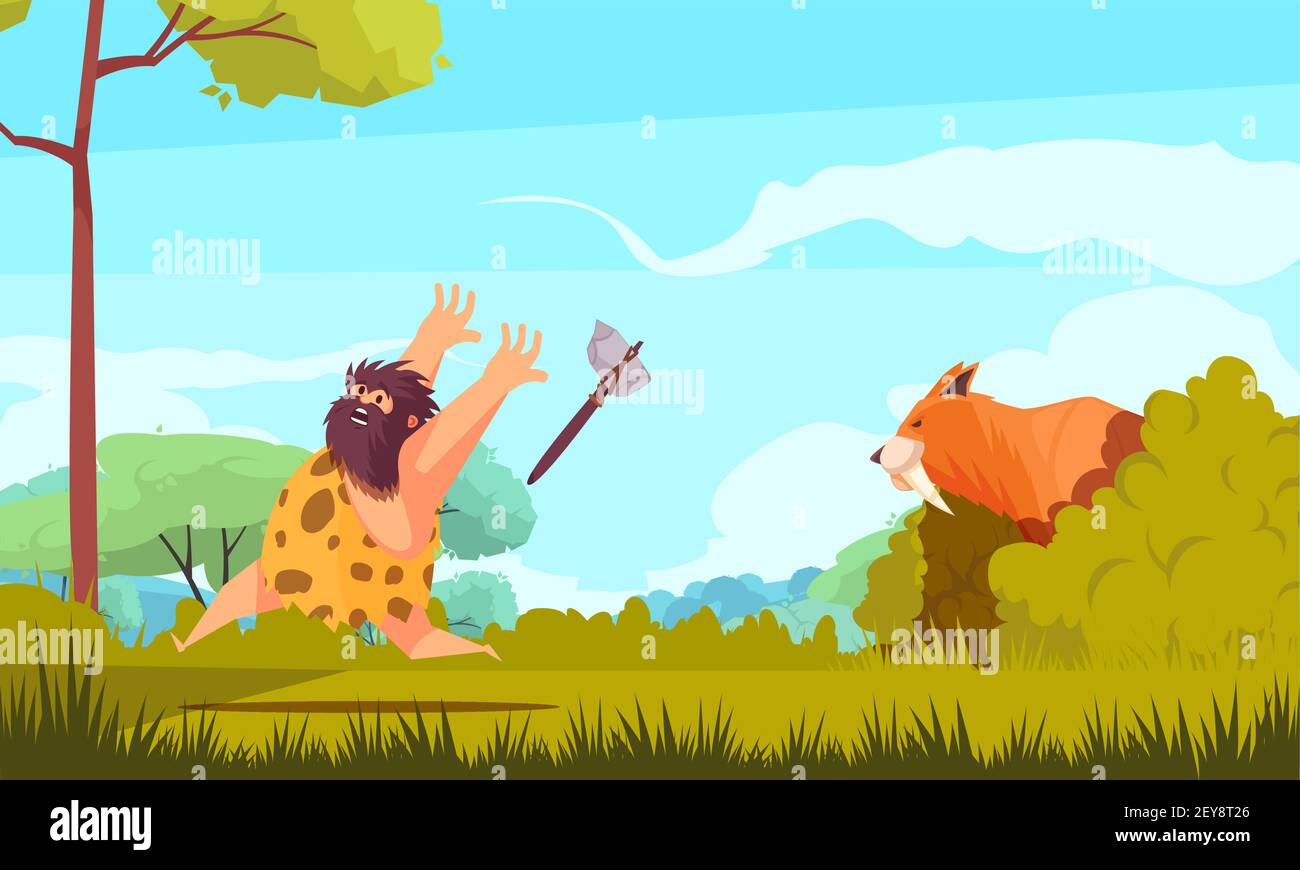 Hunting in stone age colorful poster with prehistoric man running from ...