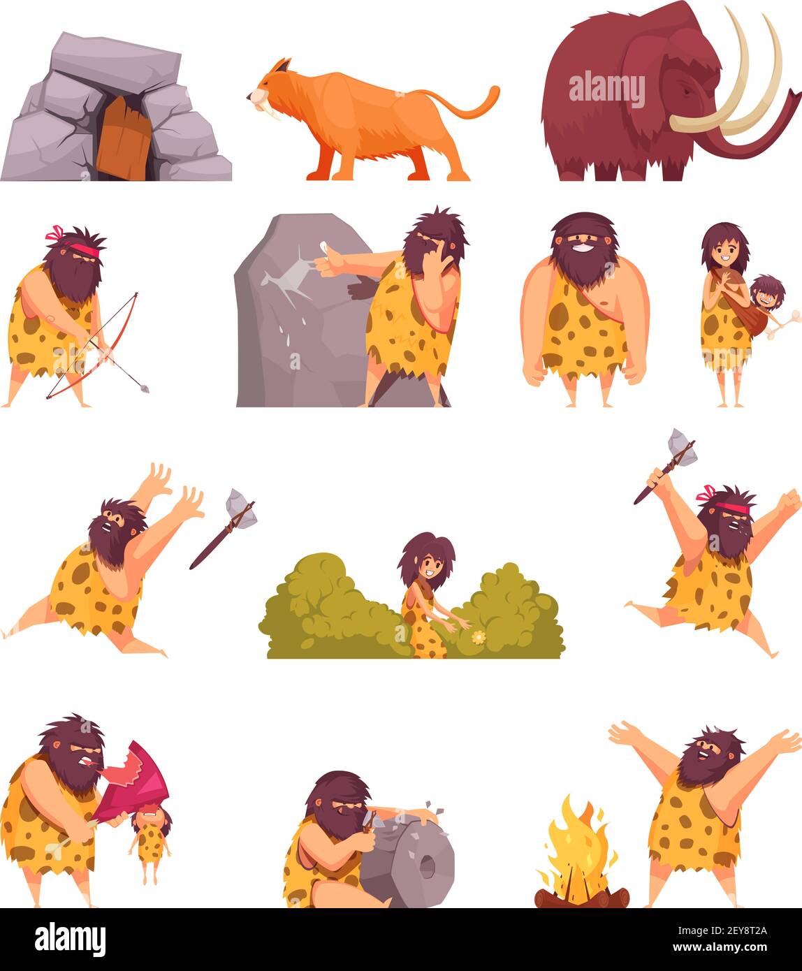 Primitive people in stone age cartoon icons set with cavemen pelt with ...