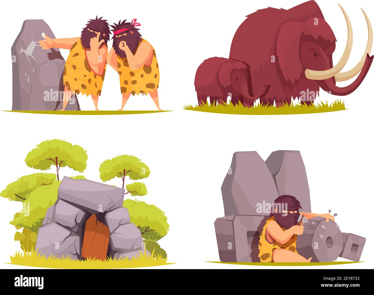Caveman 2x2 design concept set of primitive men dressed in animal pelt ...