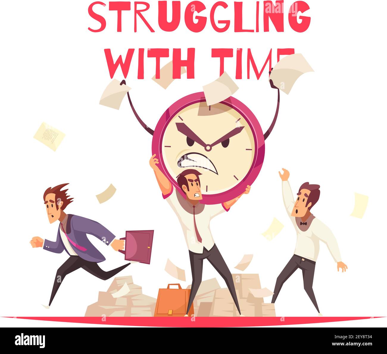 Struggling with time design concept with angry cartoon face of alarm ...
