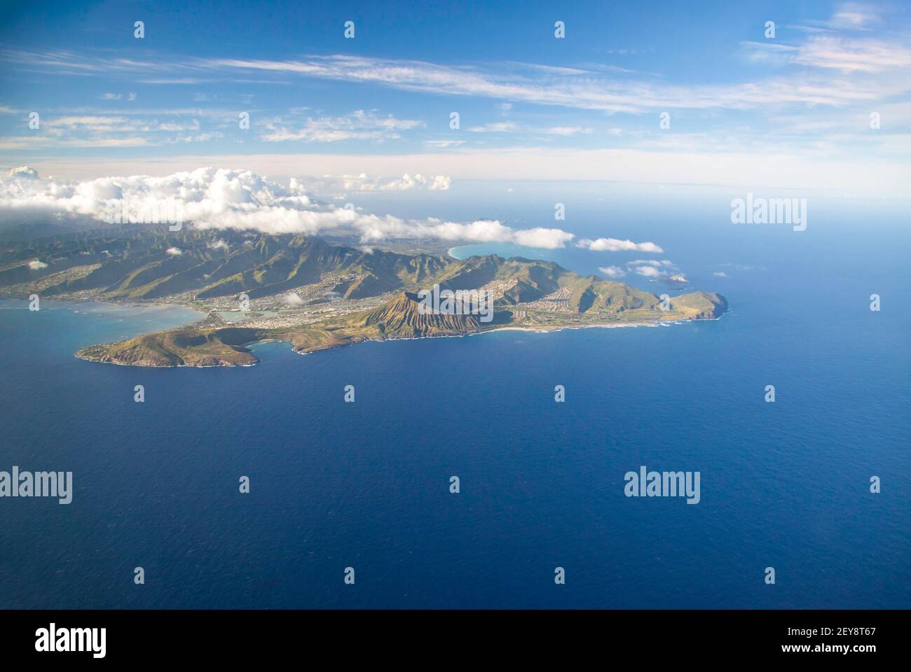 An aerial view from south over the ocean of the east side of Oahu ...