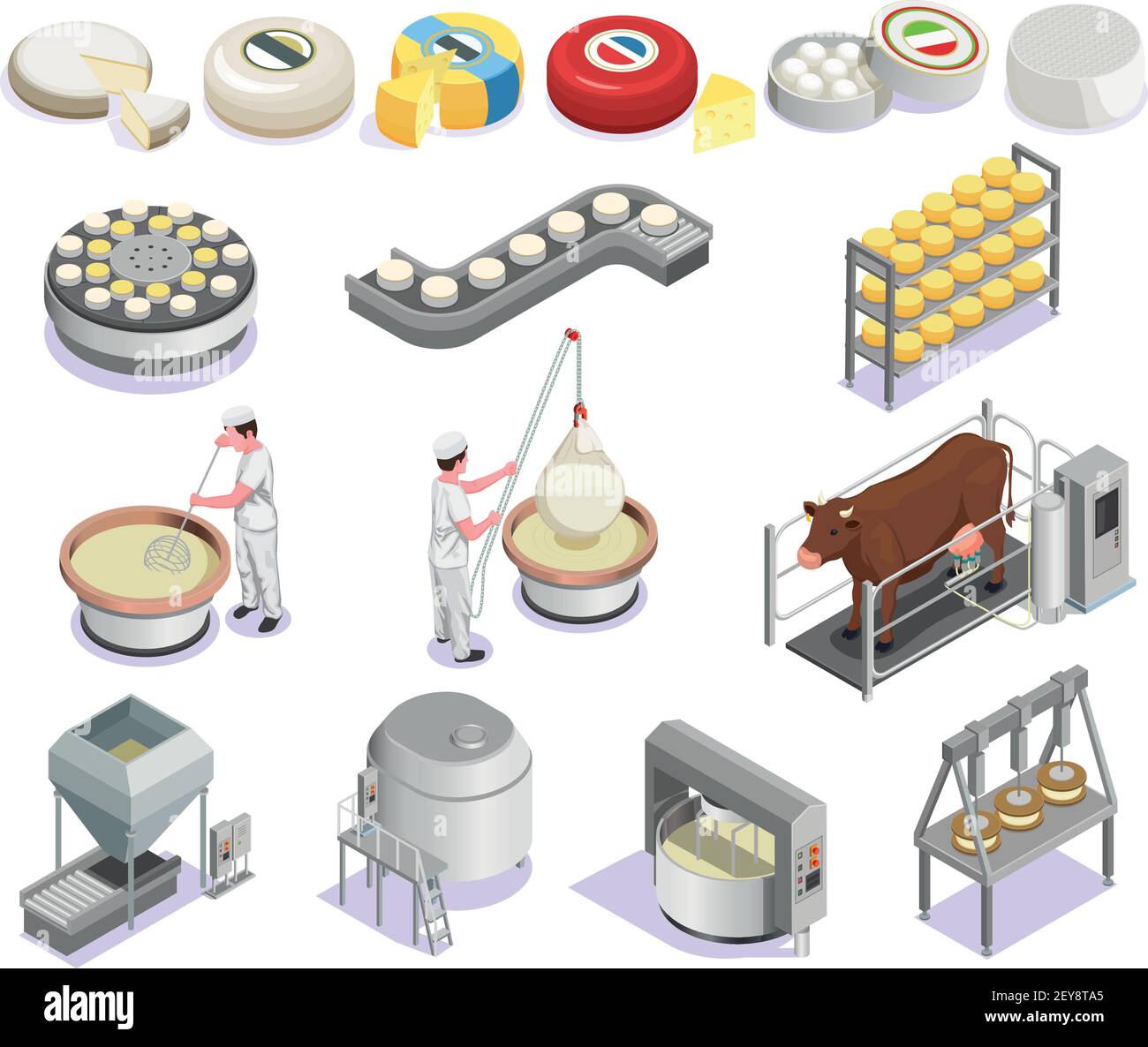 Cheese production isometric set with factory equipment and large ...