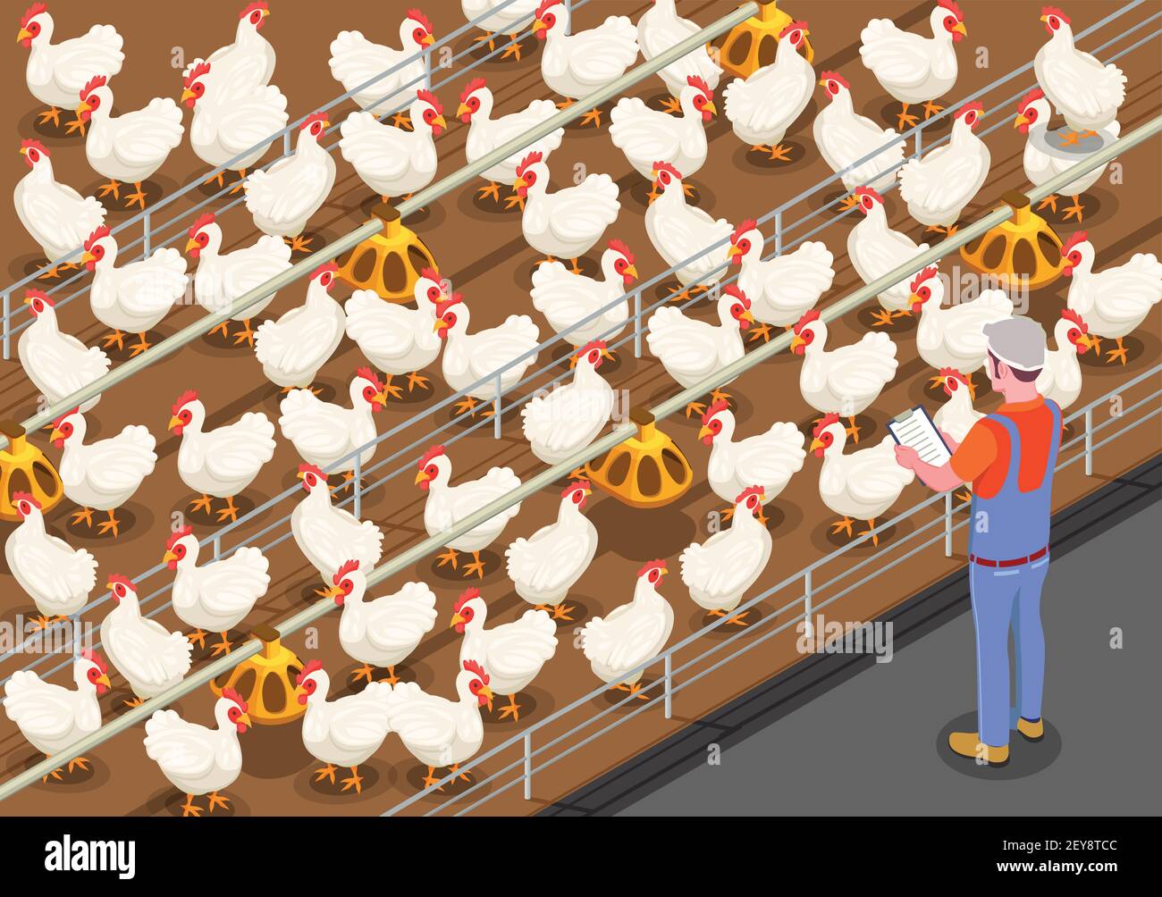 Poultry isometric background with staff member on chicken farm ...