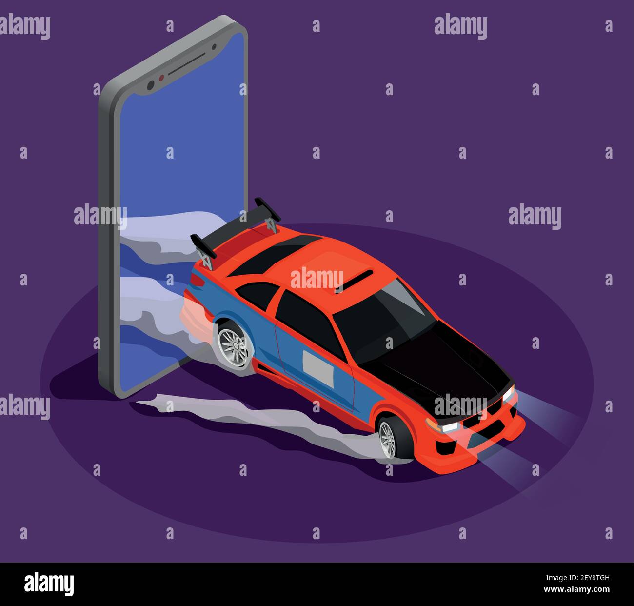 Car tuning isometric design concept symbolizing drift race by burnout ...