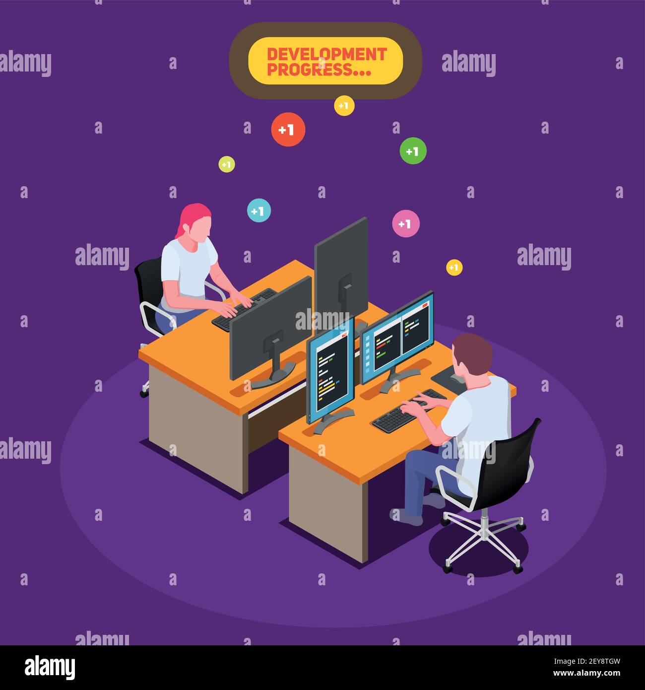 Game development isometric background with male and female developers ...