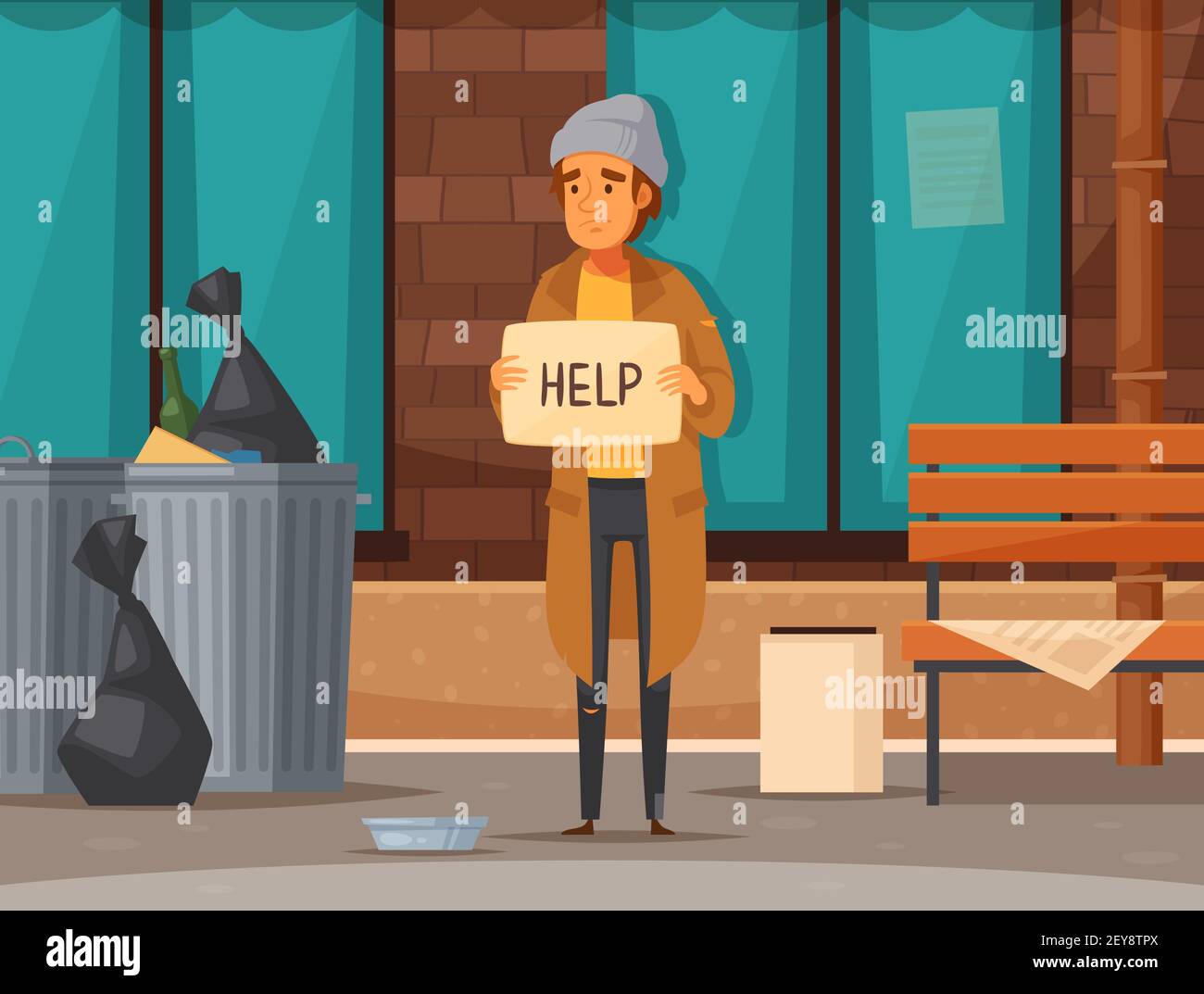 Flat homeless people cartoon composition with man begging on the street ...