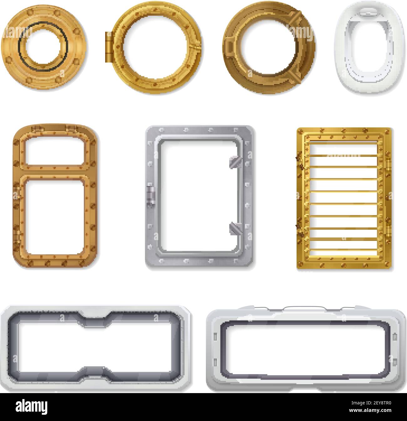 Isolated colored porthole realistic icon set in different shapes and ...