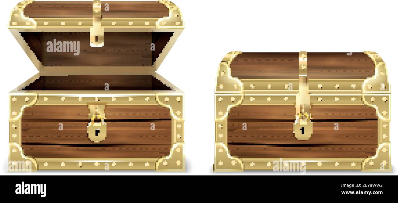 Wooden chest realistic set with images of opened and closed empty ...
