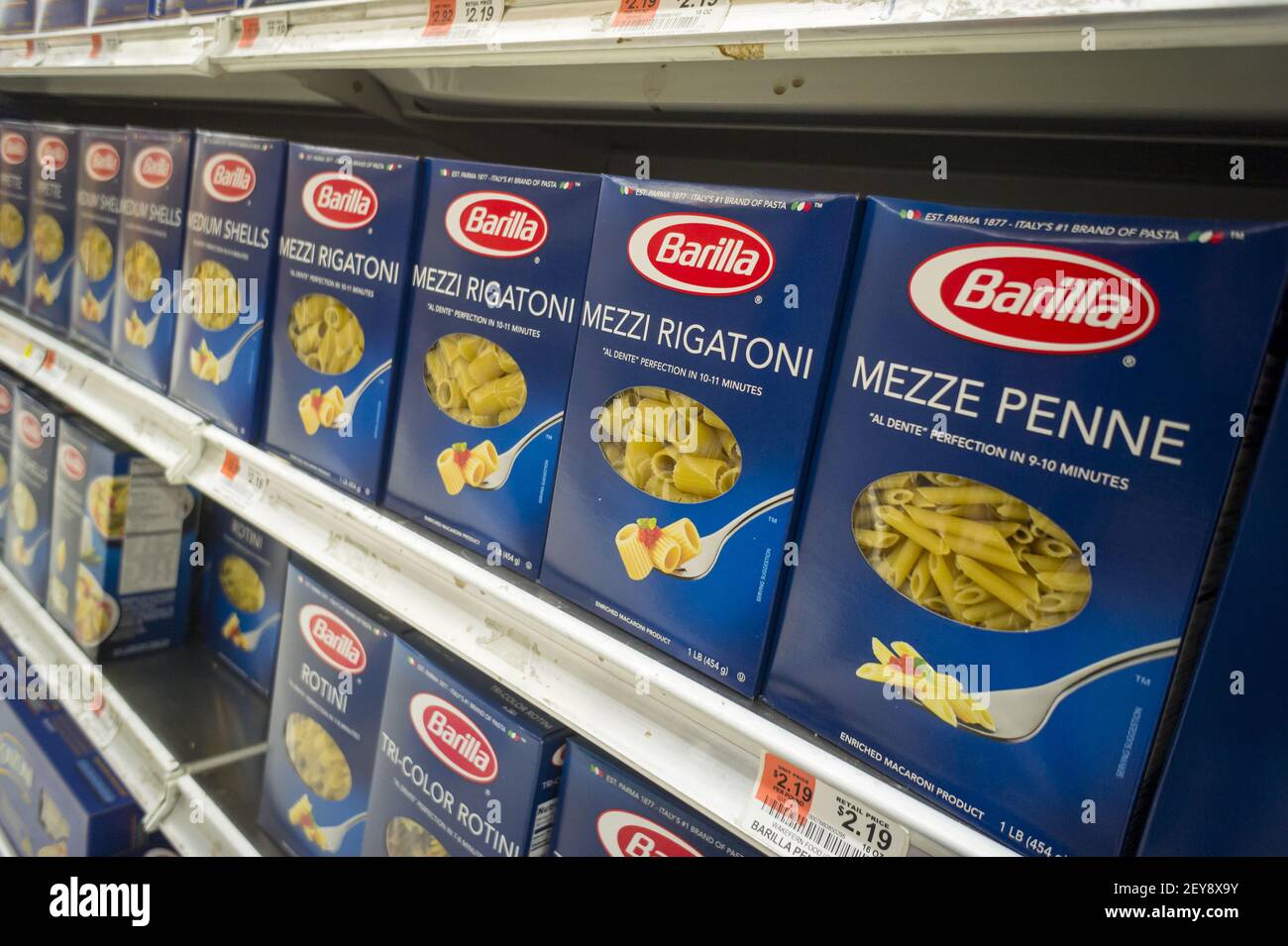 Boxes of Barilla pasta are seen on supermarket shelves in New York on ...