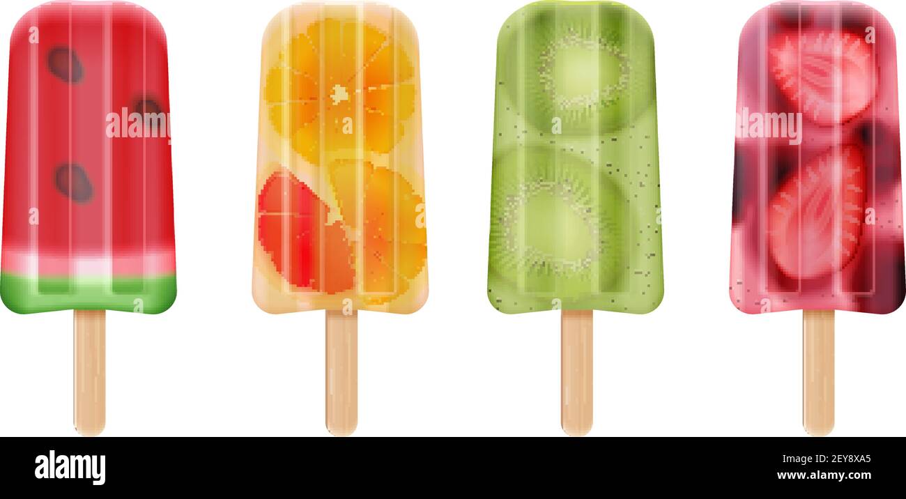 Fruit popsicles ice cream realistic set of isolated frozen stick ...