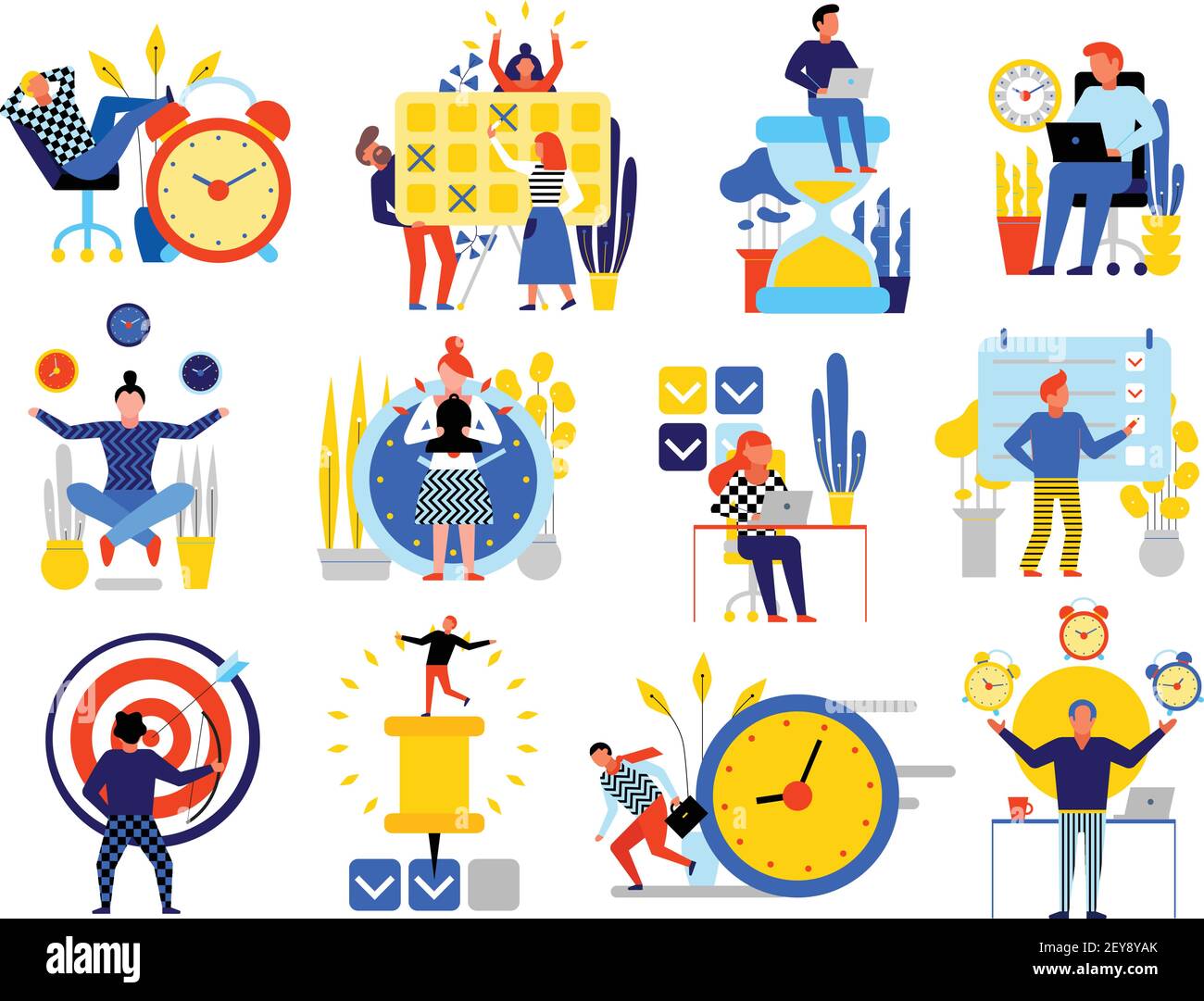 Time management icons set with planning schedule symbols flat isolated ...