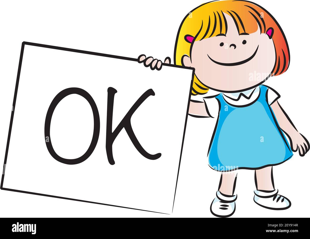 vector cartoon girl hold card: ok Stock Photo - Alamy