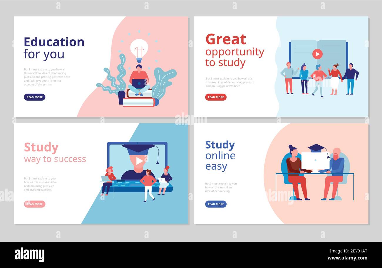 Online education 4 flat concept banners web page design with certified ...