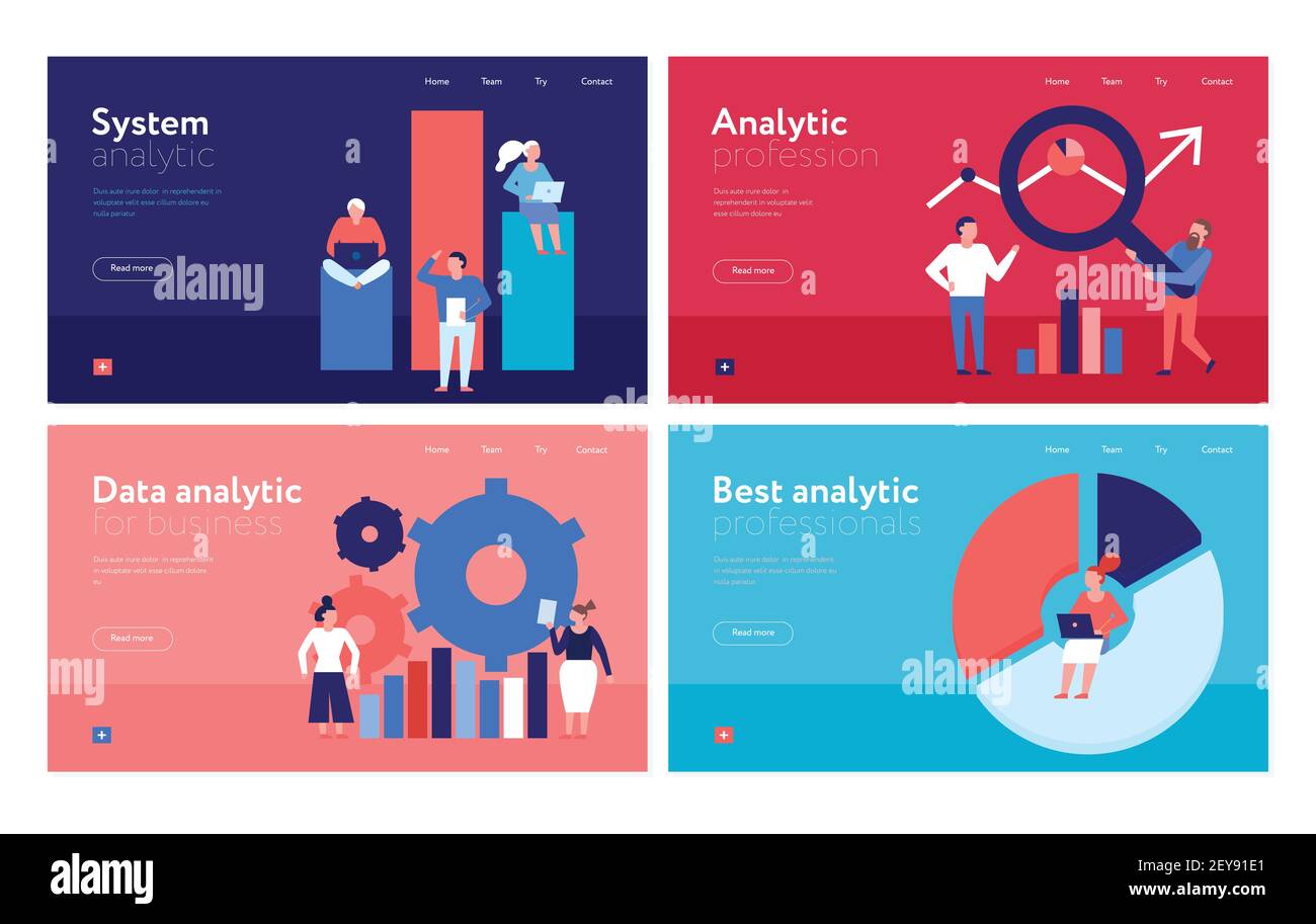 Data analytics 4 flat colorful banners web page design with business ...