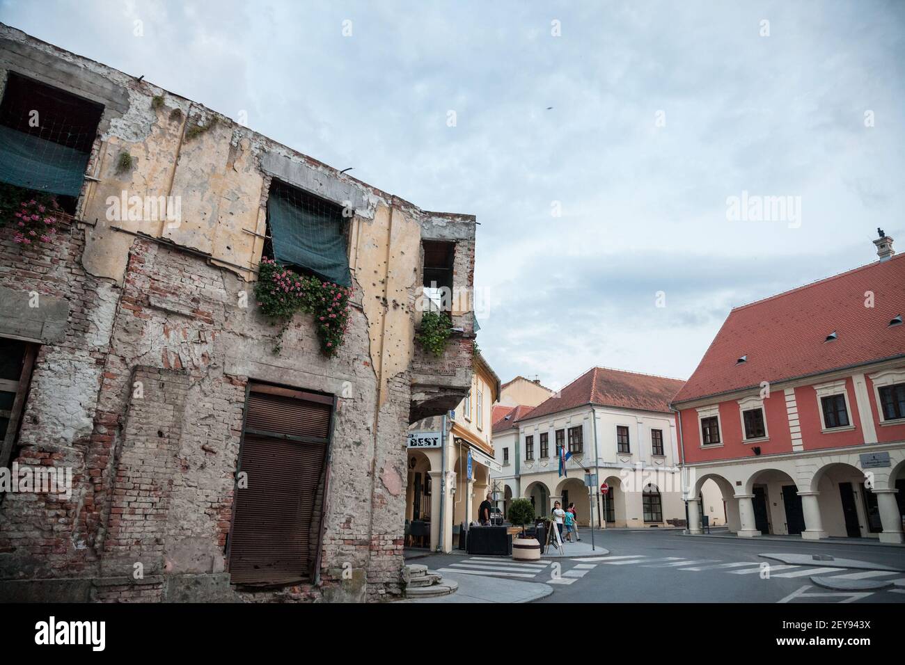 VUKOVAR, CROATIA - MAY 12, 2018: Damaged house with bullet impacts from ...