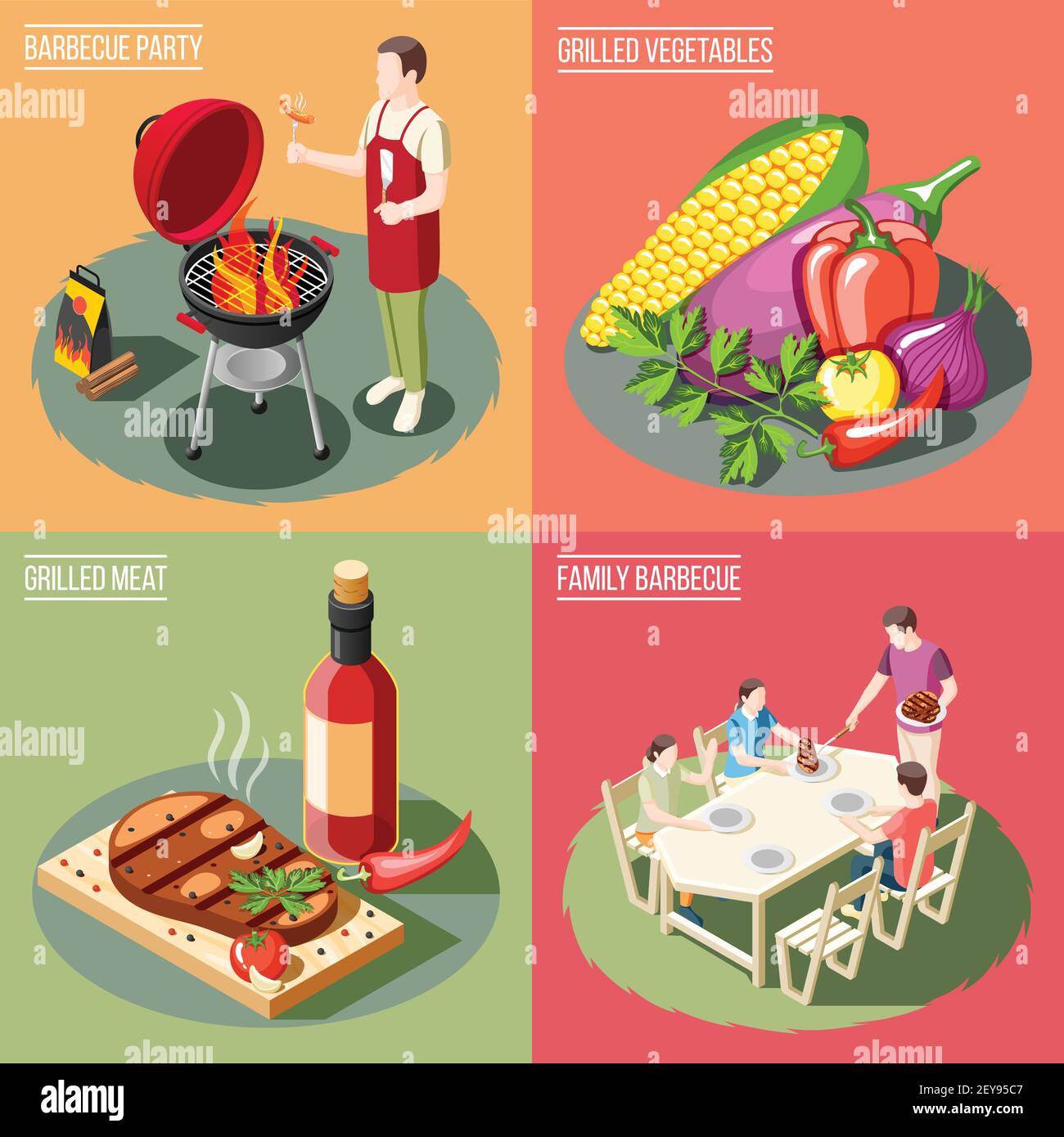 Grill bbq party isometric 2x2 design concept with different serving ...