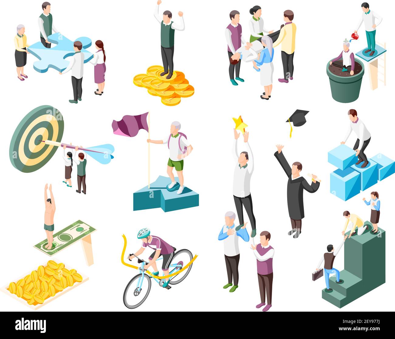 Success concept isometric icons collection with isolated human ...