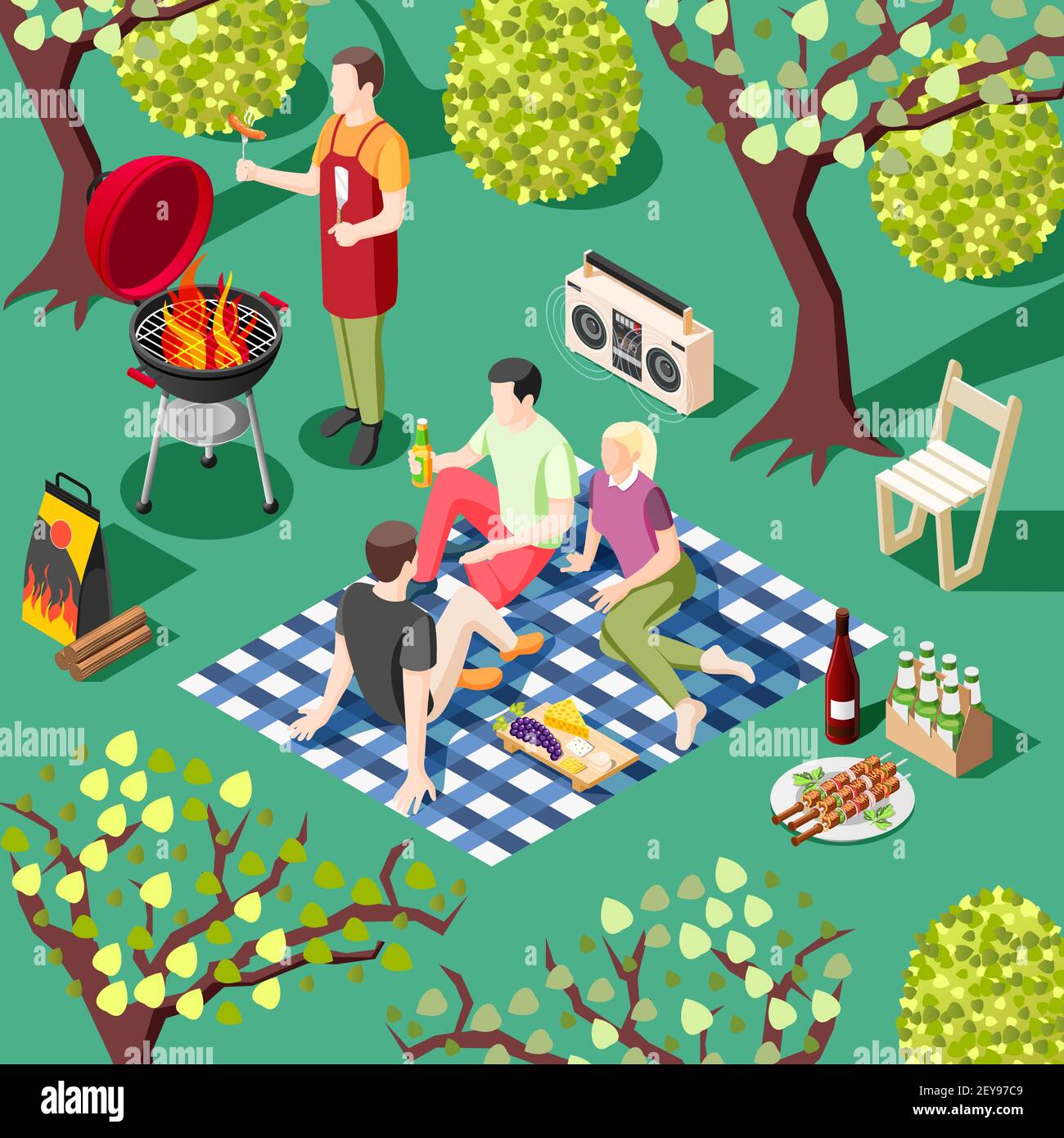 Grill bbq party isometric background with group of young friends having ...