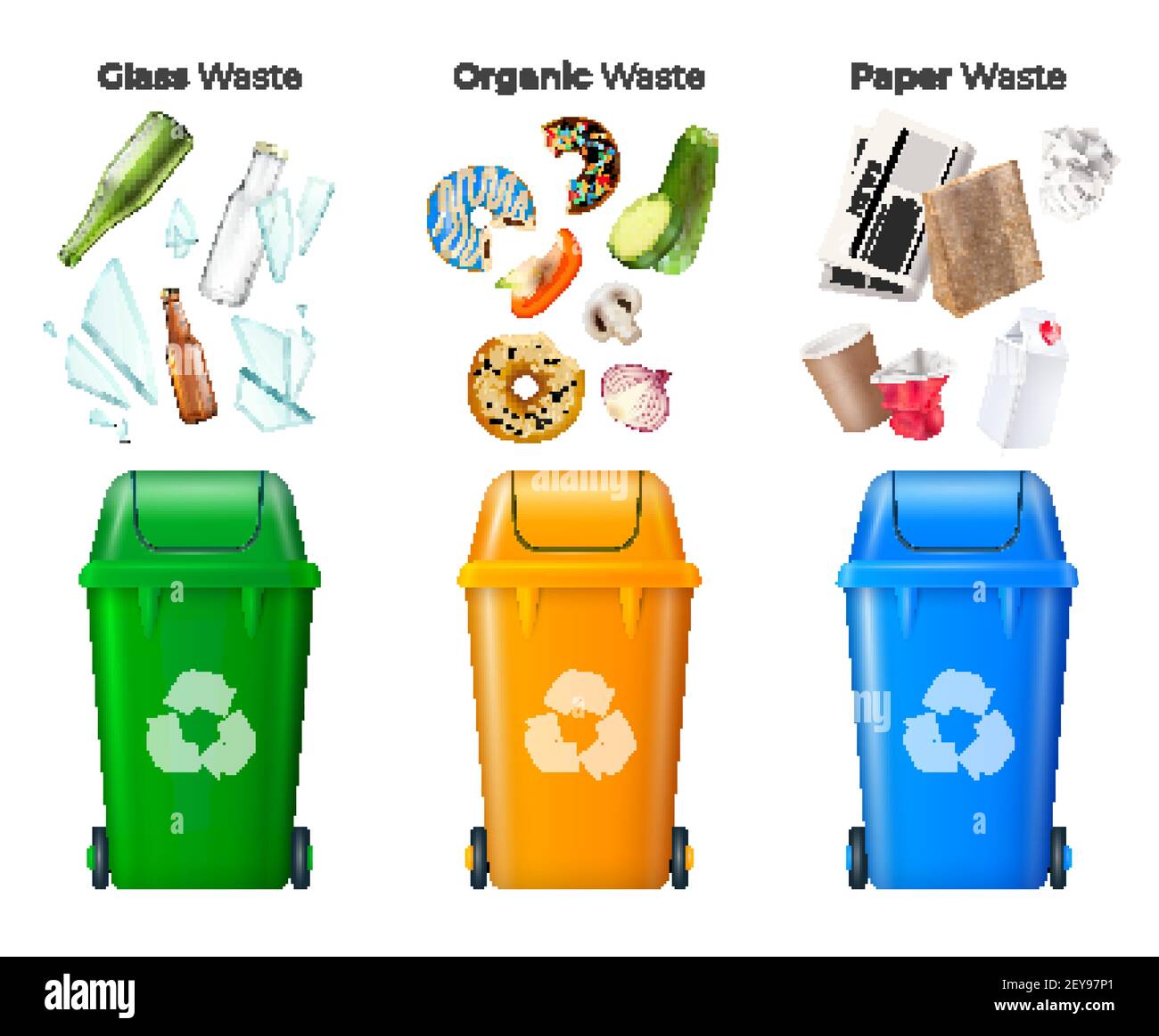 Trash and recycling set with glass and organic waste realistic isolated ...