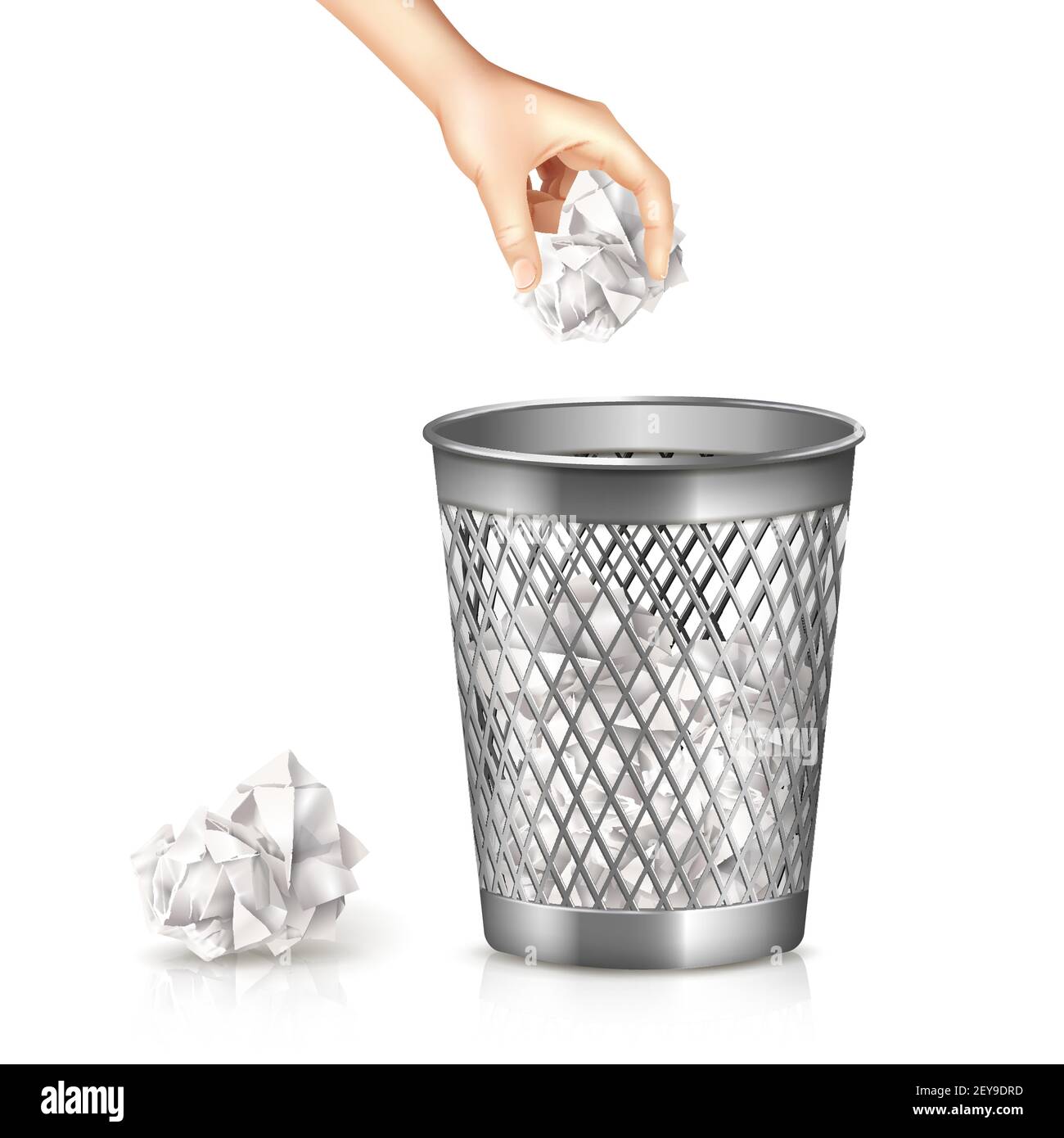 Rubbish bin with hand and used paper sheet realistic vector ...