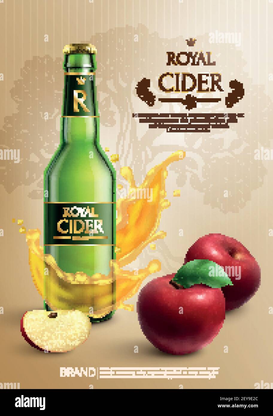 Realistic advertising composition with bottle of royal cider and red ...